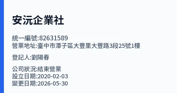 安沅企業社的照片-統編 82631589(臺中市) 公司登記資料與營業項目詳細圖表