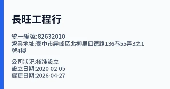 長旺工程行的照片-統編 82632010(臺中市) 公司登記資料與營業項目詳細圖表