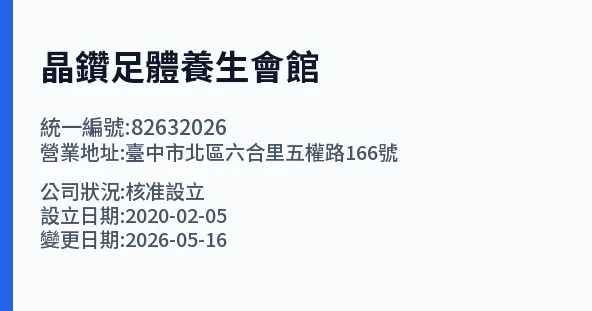 晶鑽足體養生會館的照片-統編 82632026(臺中市) 公司登記資料與營業項目詳細圖表
