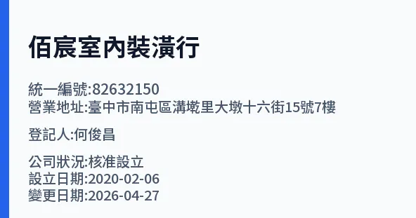 佰宸室內裝潢行的照片-統編 82632150(臺中市) 公司登記資料與營業項目詳細圖表