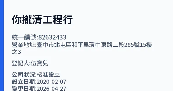 你攏清工程行的照片-統編 82632433(臺中市) 公司登記資料與營業項目詳細圖表
