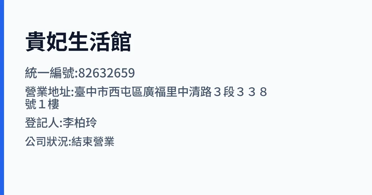 貴妃生活館 - 統編 82632659(臺中市) 公司登記資料與營業項目詳細圖表