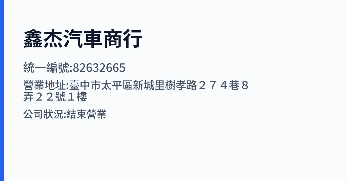 鑫杰汽車商行 - 統編 82632665(臺中市) 公司登記資料與營業項目詳細圖表