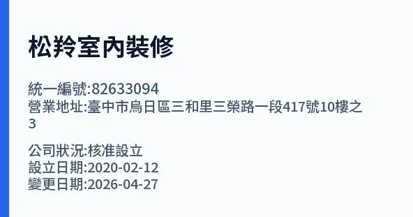 松羚室內裝修的照片-統編 82633094(臺中市) 公司登記資料與營業項目詳細圖表