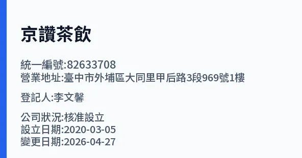 京讚茶飲的照片-統編 82633708(臺中市) 公司登記資料與營業項目詳細圖表