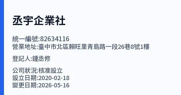 丞宇企業社的照片-統編 82634116(臺中市) 公司登記資料與營業項目詳細圖表