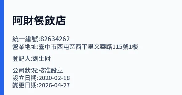阿財餐飲店的照片-統編 82634262(臺中市) 公司登記資料與營業項目詳細圖表