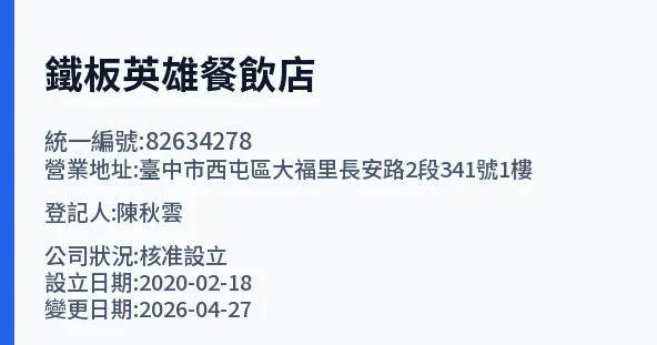 鐵板英雄餐飲店的照片-統編 82634278(臺中市) 公司登記資料與營業項目詳細圖表