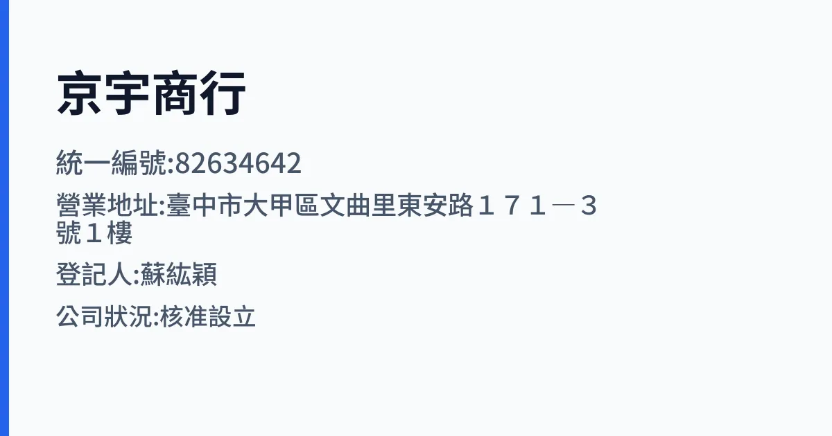 京宇商行 - 統編 82634642(臺中市) 公司登記資料與營業項目詳細圖表