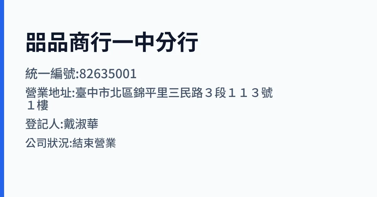 㗊品商行一中分行 - 統編 82635001(臺中市) 公司登記資料與營業項目詳細圖表