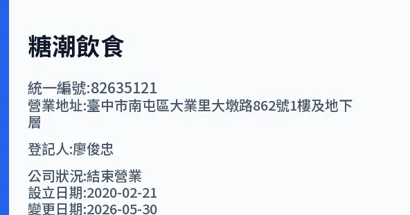 糖潮飲食的照片-統編 82635121(臺中市) 公司登記資料與營業項目詳細圖表