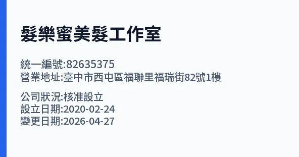 髮樂蜜美髮工作室的照片-統編 82635375(臺中市) 公司登記資料與營業項目詳細圖表