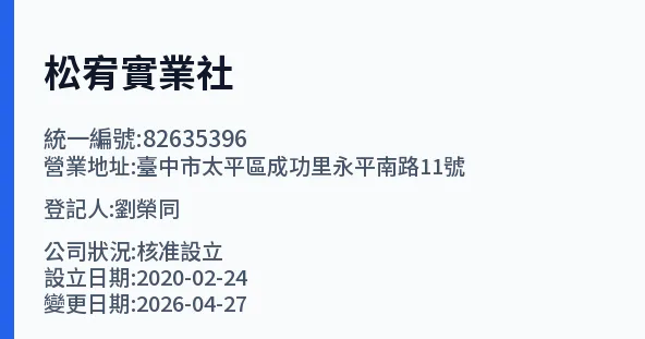 松宥實業社的照片-統編 82635396(臺中市) 公司登記資料與營業項目詳細圖表