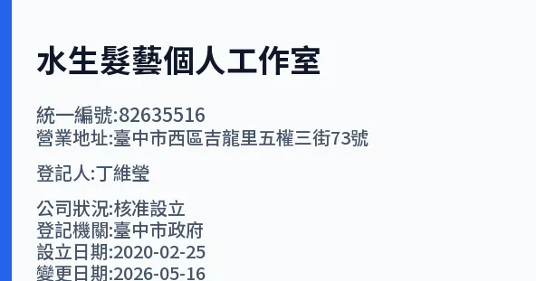 水生髮藝個人工作室的照片-統編 82635516(臺中市) 公司登記資料與營業項目詳細圖表