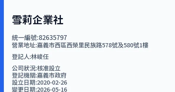 雪莉企業社的照片-統編 82635797(嘉義市) 公司登記資料與營業項目詳細圖表