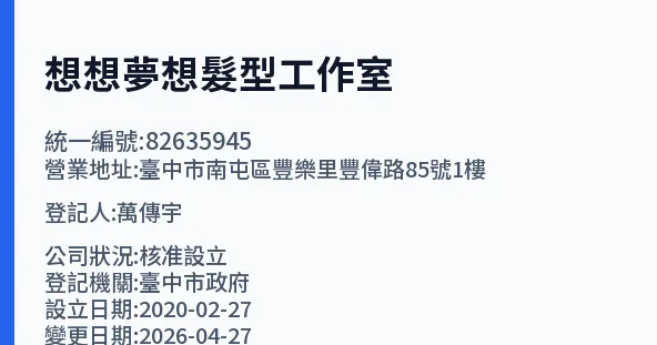 想想夢想髮型工作室的照片-統編 82635945(臺中市) 公司登記資料與營業項目詳細圖表