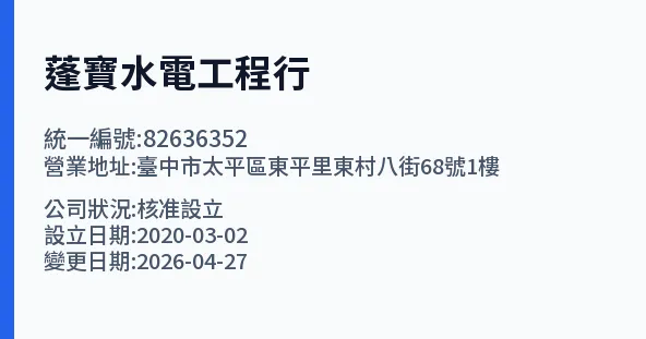 蓬寶水電工程行的照片-統編 82636352(臺中市) 公司登記資料與營業項目詳細圖表