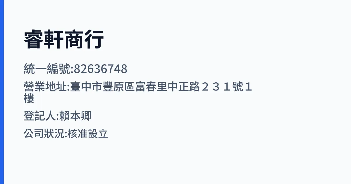 睿軒商行 - 統編 82636748（臺中市） 公司登記資料與營業項目詳細圖表