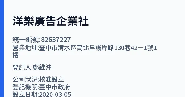 洋樂廣告企業社的照片-統編 82637227(臺中市) 公司登記資料與營業項目詳細圖表