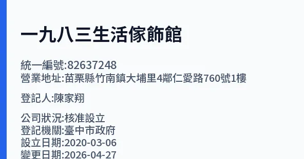 一九八三生活傢飾館的照片-統編 82637248(苗栗縣) 公司登記資料與營業項目詳細圖表
