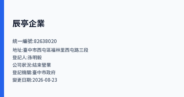 辰亭企業的照片-統編 82638020(臺中市) 公司登記資料與營業項目詳細圖表