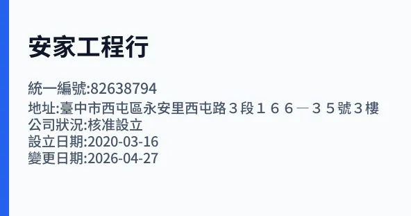 安家工程行的照片-統編 82638794(臺中市) 公司登記資料與營業項目詳細圖表