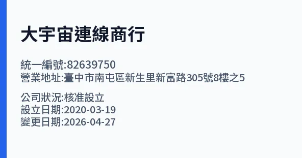 大宇宙連線商行的照片-統編 82639750(臺中市) 公司登記資料與營業項目詳細圖表