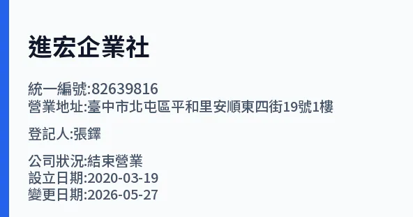 進宏企業社的照片-統編 82639816(臺中市) 公司登記資料與營業項目詳細圖表