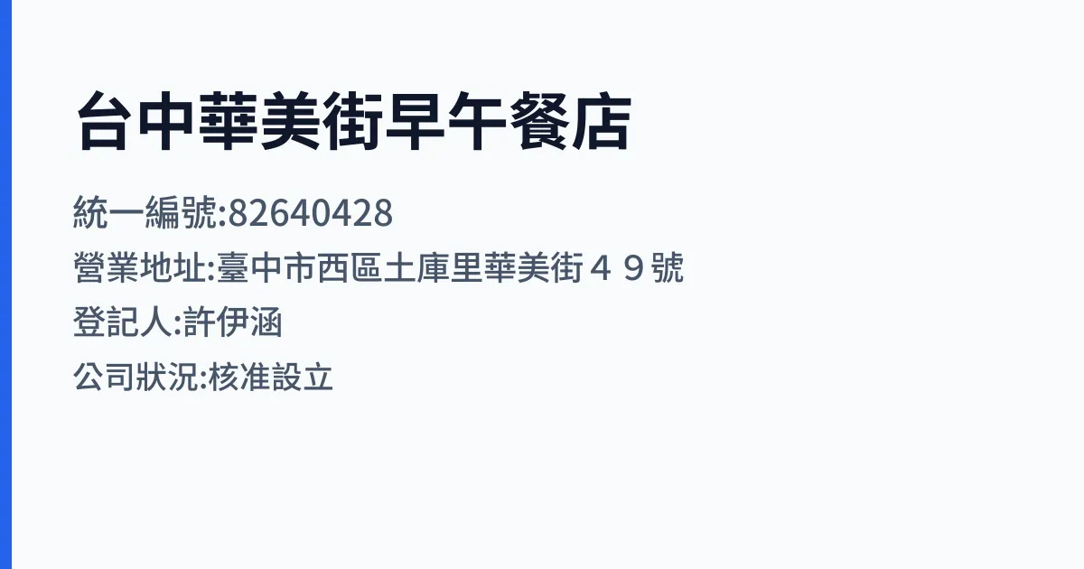台中華美街早午餐店 - 統編 82640428(臺中市) 公司登記資料與營業項目詳細圖表