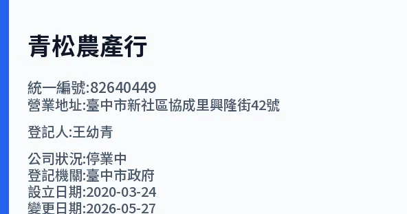青松農產行的照片-統編 82640449(臺中市) 公司登記資料與營業項目詳細圖表