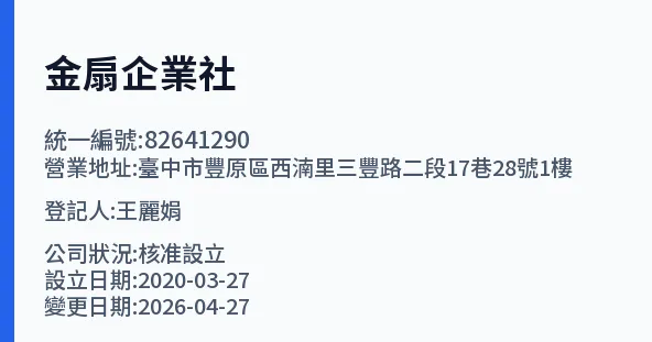 金扇企業社的照片-統編 82641290(臺中市) 公司登記資料與營業項目詳細圖表