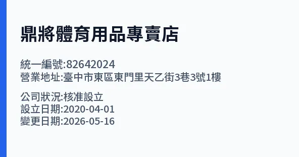 鼎將體育用品專賣店的照片-統編 82642024(臺中市) 公司登記資料與營業項目詳細圖表