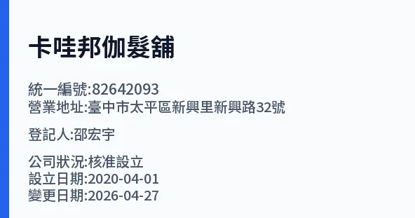 卡哇邦伽髮舖的照片-統編 82642093(臺中市) 公司登記資料與營業項目詳細圖表