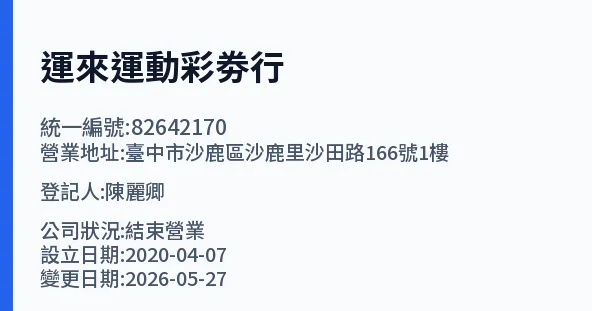 運來運動彩劵行的照片-統編 82642170(臺中市) 公司登記資料與營業項目詳細圖表