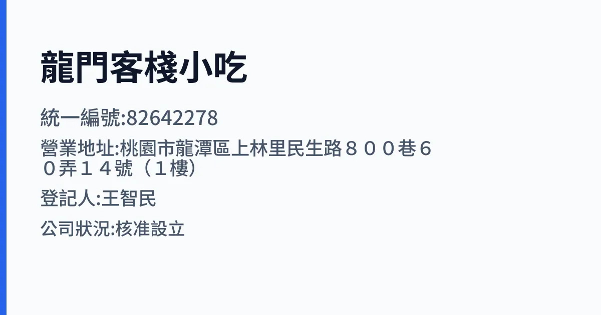 龍門客棧小吃 - 統編 82642278(桃園市) 公司登記資料與營業項目詳細圖表