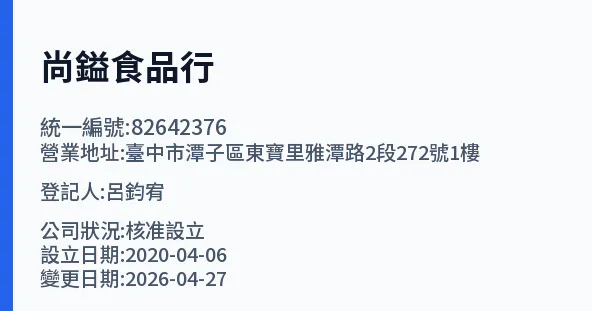 尚鎰食品行的照片-統編 82642376(臺中市) 公司登記資料與營業項目詳細圖表