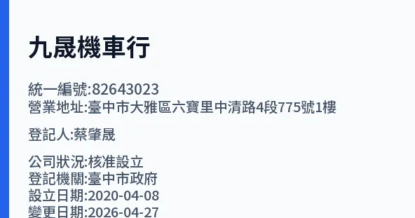 九晟機車行的照片-統編 82643023(臺中市) 公司登記資料與營業項目詳細圖表