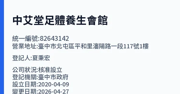 中艾堂足體養生會館的照片-統編 82643142(臺中市) 公司登記資料與營業項目詳細圖表