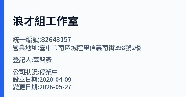 浪才組工作室的照片-統編 82643157(臺中市) 公司登記資料與營業項目詳細圖表