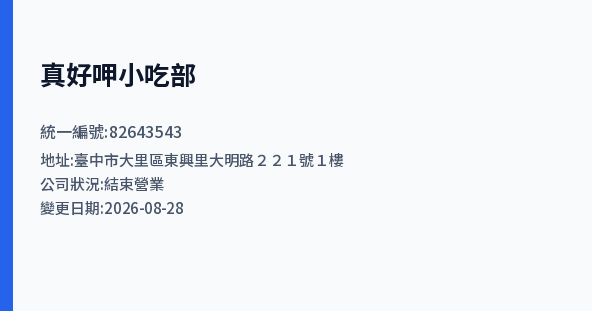 真好呷小吃部的照片-統編 82643543(臺中市) 公司登記資料與營業項目詳細圖表