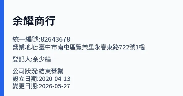 余耀商行的照片-統編 82643678(臺中市) 公司登記資料與營業項目詳細圖表