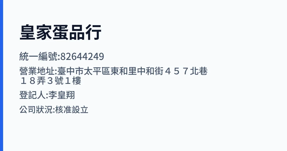 皇家蛋品行 - 統編 82644249(臺中市) 公司登記資料與營業項目詳細圖表