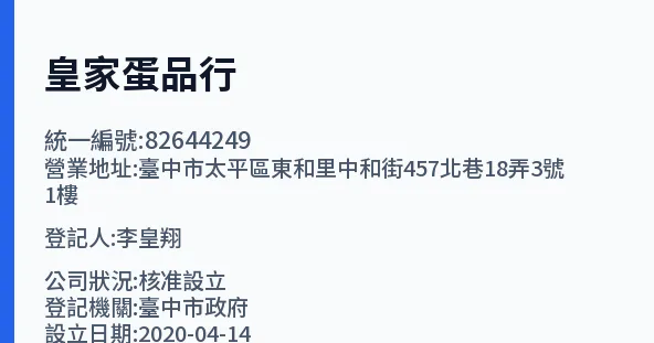 皇家蛋品行的照片-統編 82644249(臺中市) 公司登記資料與營業項目詳細圖表