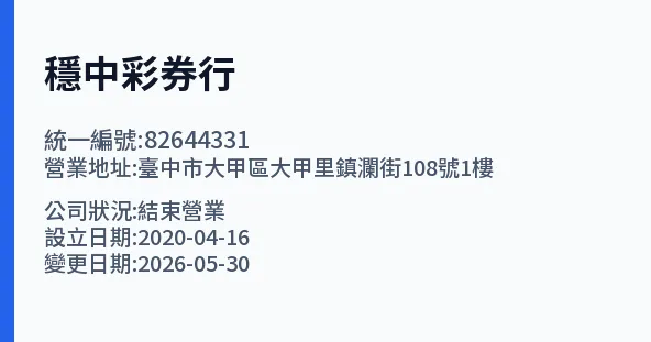 穩中彩券行的照片-統編 82644331(臺中市) 公司登記資料與營業項目詳細圖表