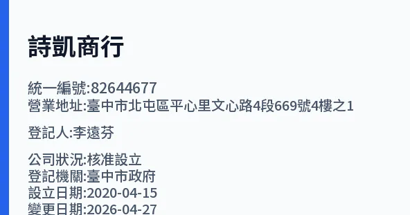 詩凱商行的照片-統編 82644677(臺中市) 公司登記資料與營業項目詳細圖表