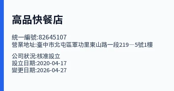 高品快餐店的照片-統編 82645107(臺中市) 公司登記資料與營業項目詳細圖表