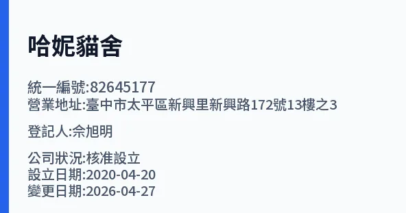 哈妮貓舍的照片-統編 82645177(臺中市) 公司登記資料與營業項目詳細圖表