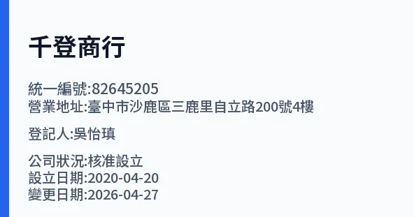 千登商行的照片-統編 82645205(臺中市) 公司登記資料與營業項目詳細圖表