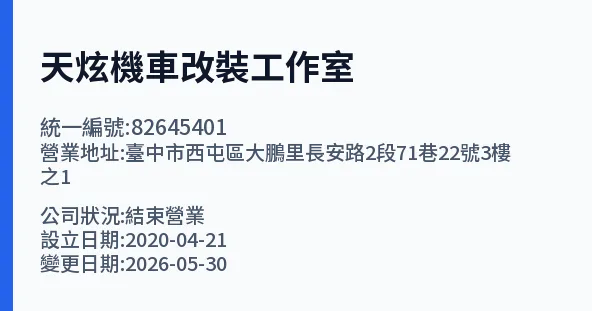 天炫機車改裝工作室的照片-統編 82645401(臺中市) 公司登記資料與營業項目詳細圖表