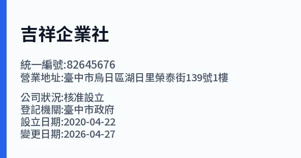 吉祥企業社的照片-統編 82645676(臺中市) 公司登記資料與營業項目詳細圖表